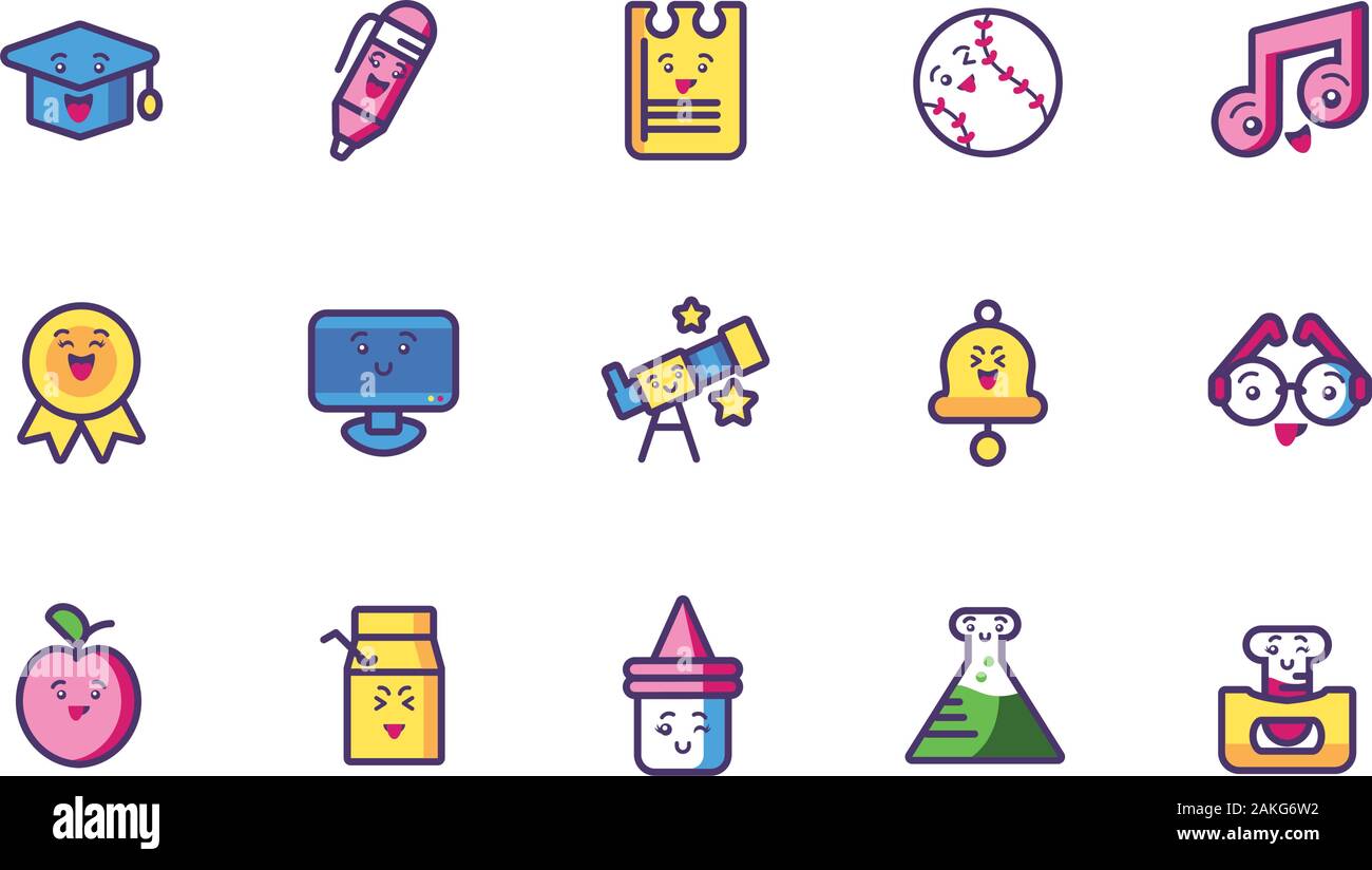 Icon set cartoons design, Kawaii school expression cute character funny ...