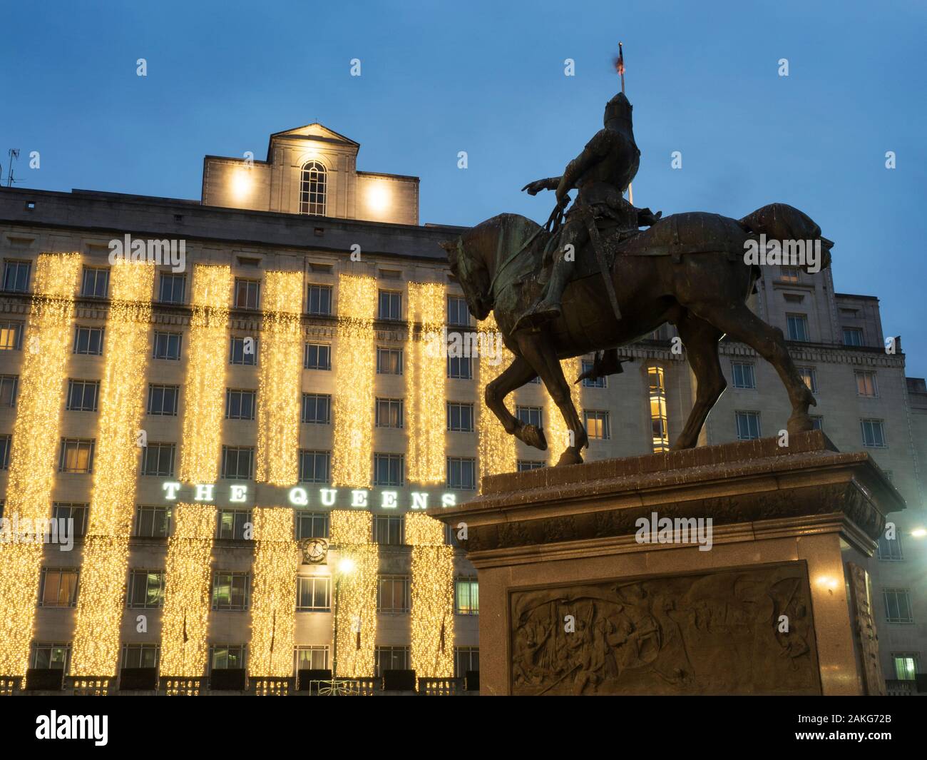 Fairy lights at dusk on The Queens Hotel and The Black Prince Statue in ...