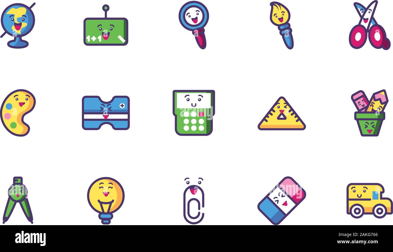 Icon set cartoons design, Kawaii school expression cute character funny ...