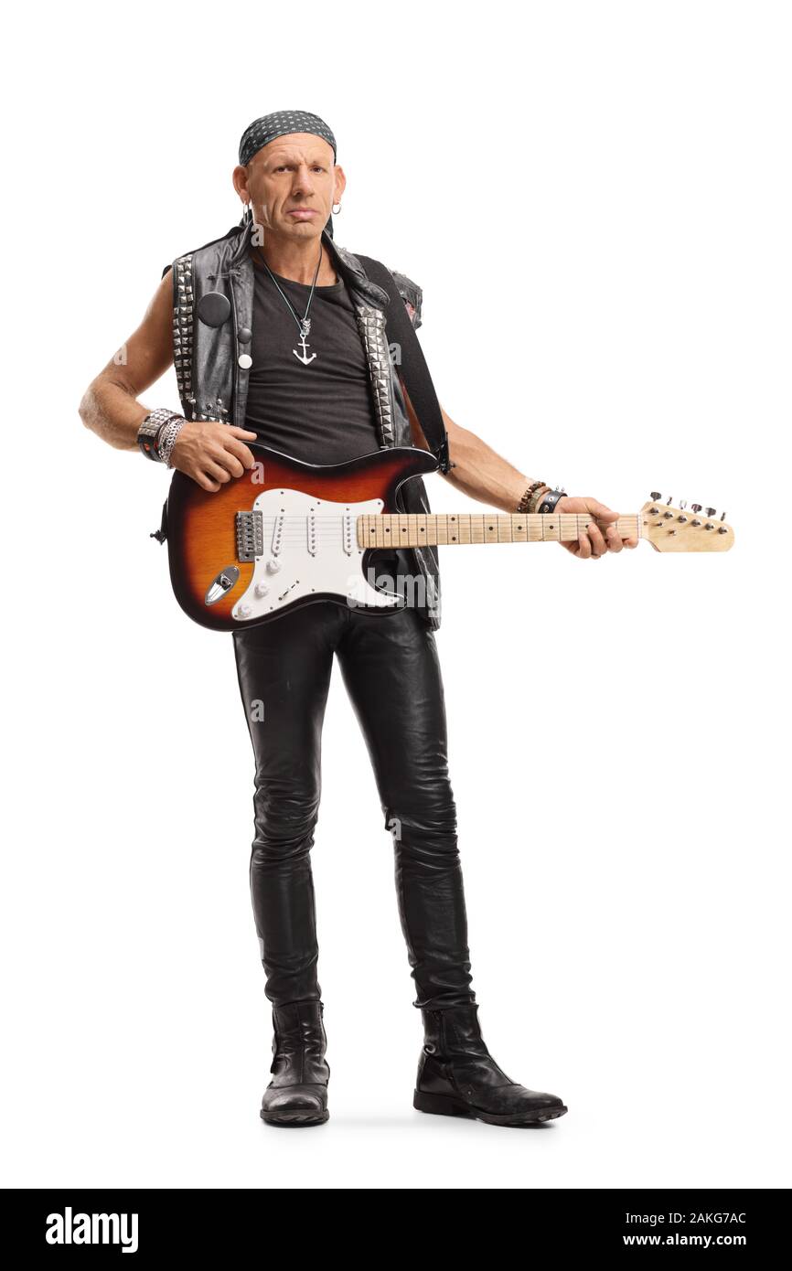 Full length portrait of a punk musician with a head scarf and a guitar ...