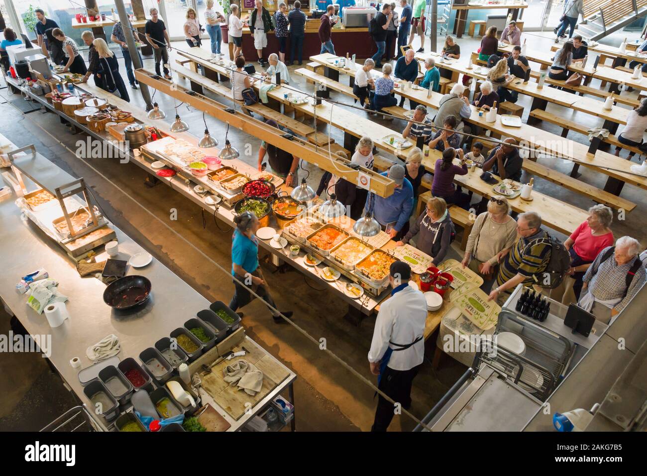 The Eden Project dining area and cafeteria with families and visitors ...