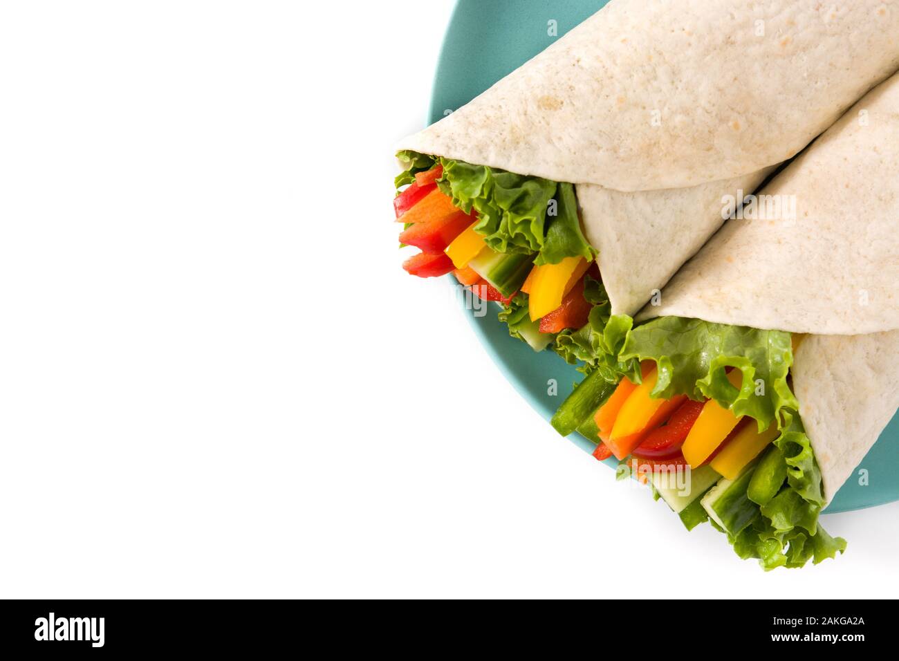 Vegetable tortilla wraps isolated on white background. Top view. Copy ...