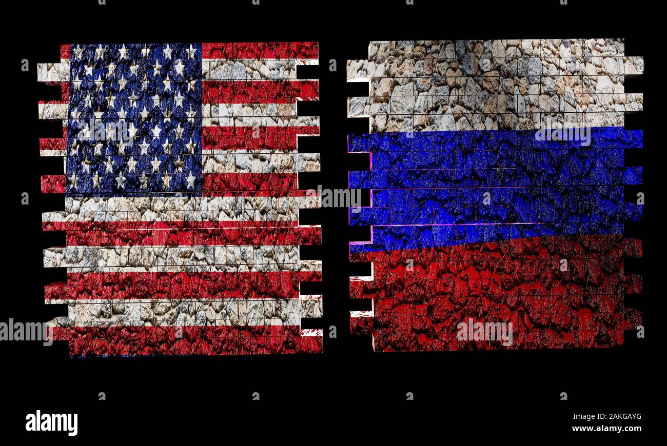 Us vs. Russia brick wall with flag texture in 3D rendering Stock Photo ...