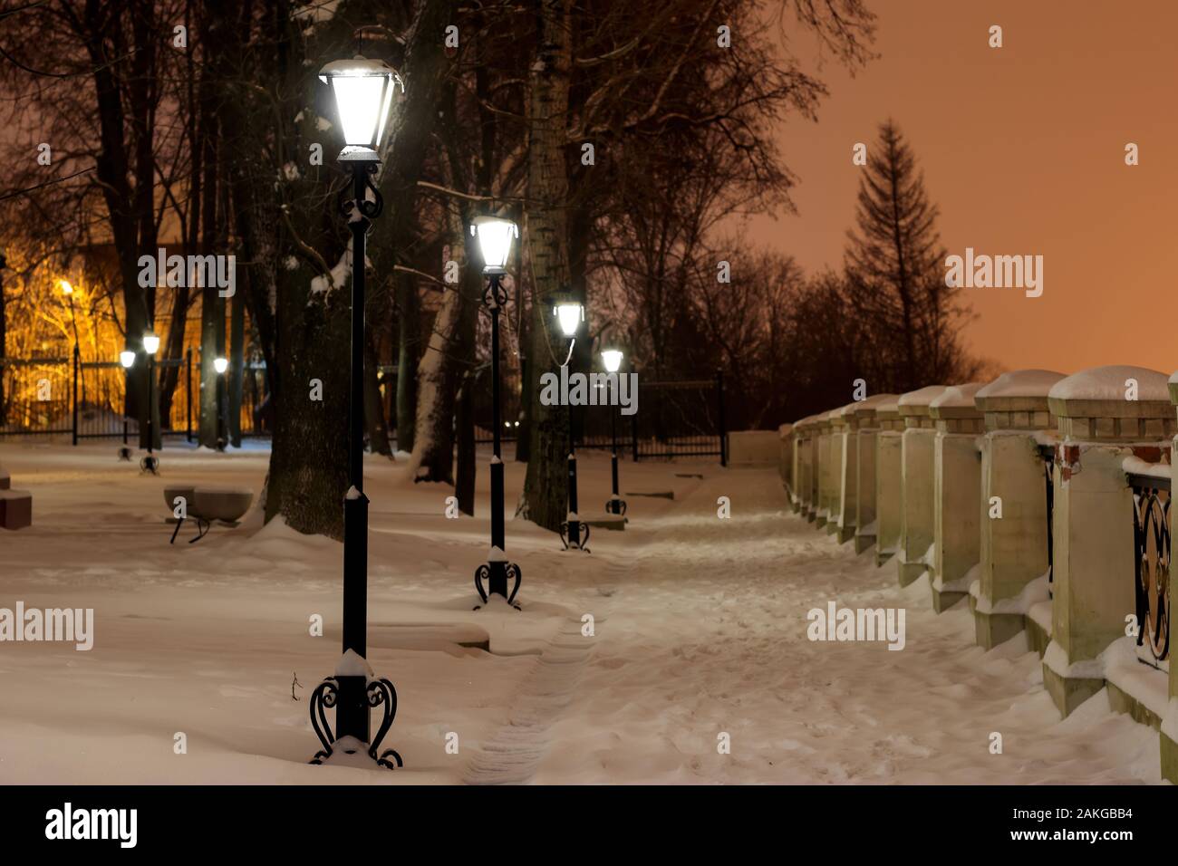Winter park at night with decorations, lights, benches and trees Stock ...