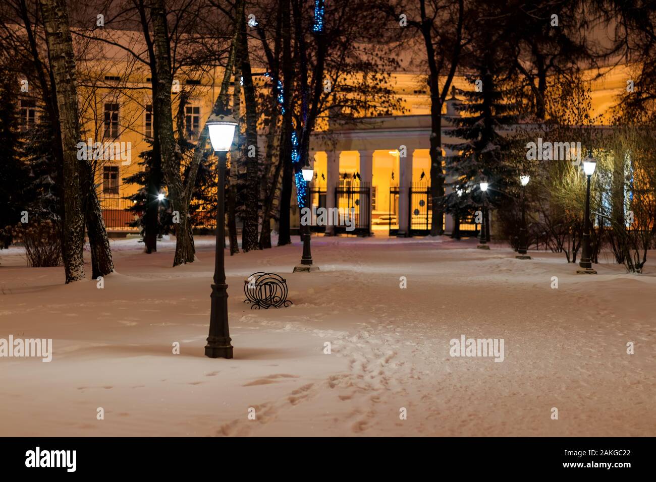 Winter park at night with decorations, lights, benches and trees Stock ...