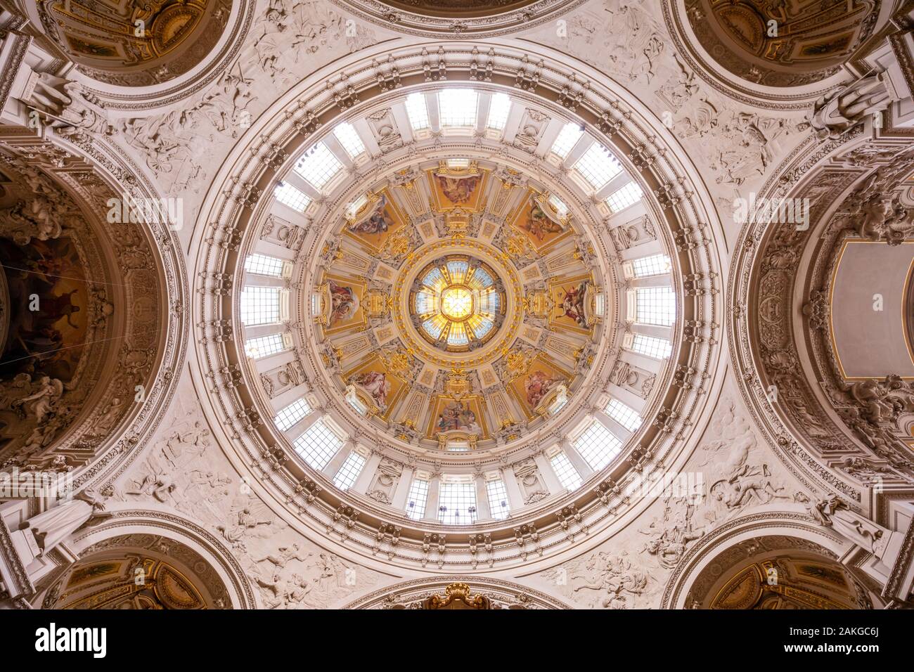 Symmetrical view of the frescoed baroque dome of the Berlin cathedral ...