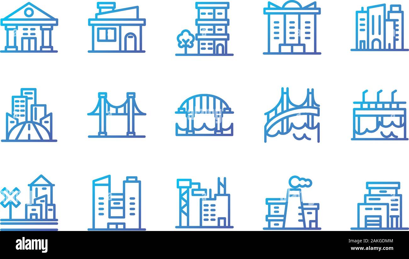 Buildings icon set design, City architecture urban modern downtown ...