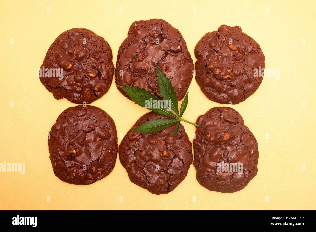 oatmeal cookies and green leaf of cannabis on a yellow background ...