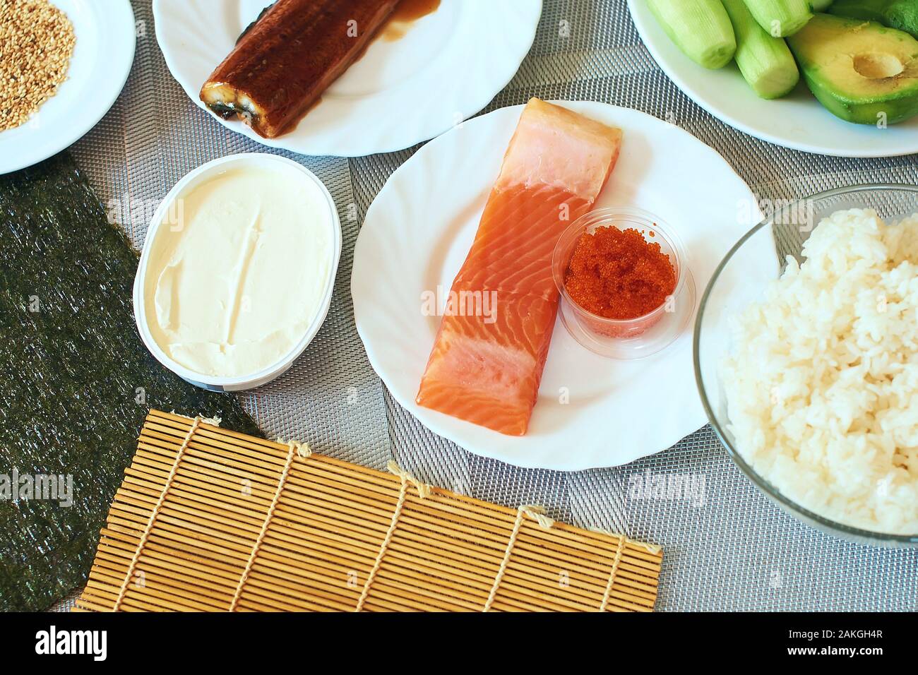 Homemade sushi rolls preparation. Traditional ingredients products ...
