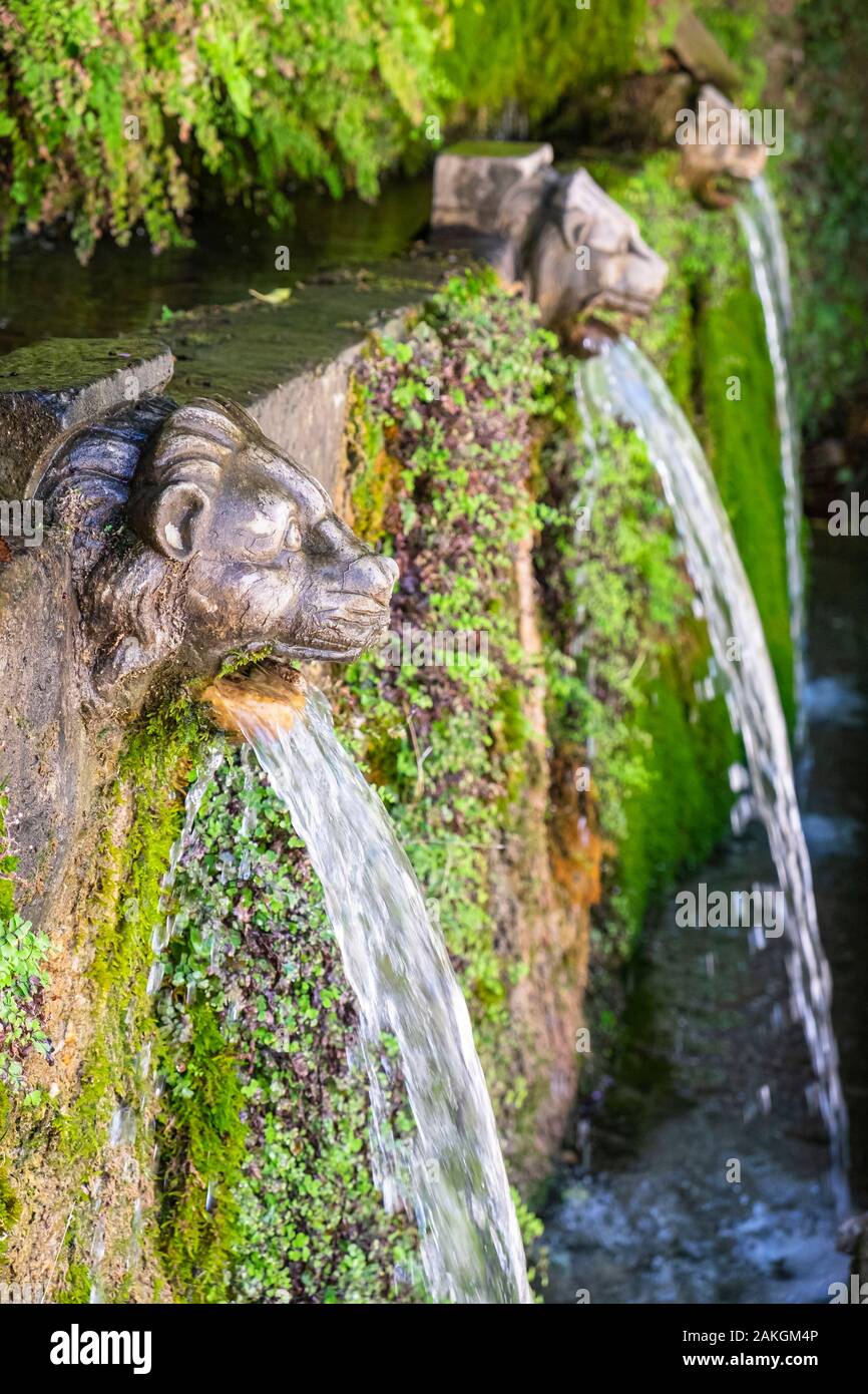Greece, Cyclades archipelago, Andros island, Menites, marble Lion head ...