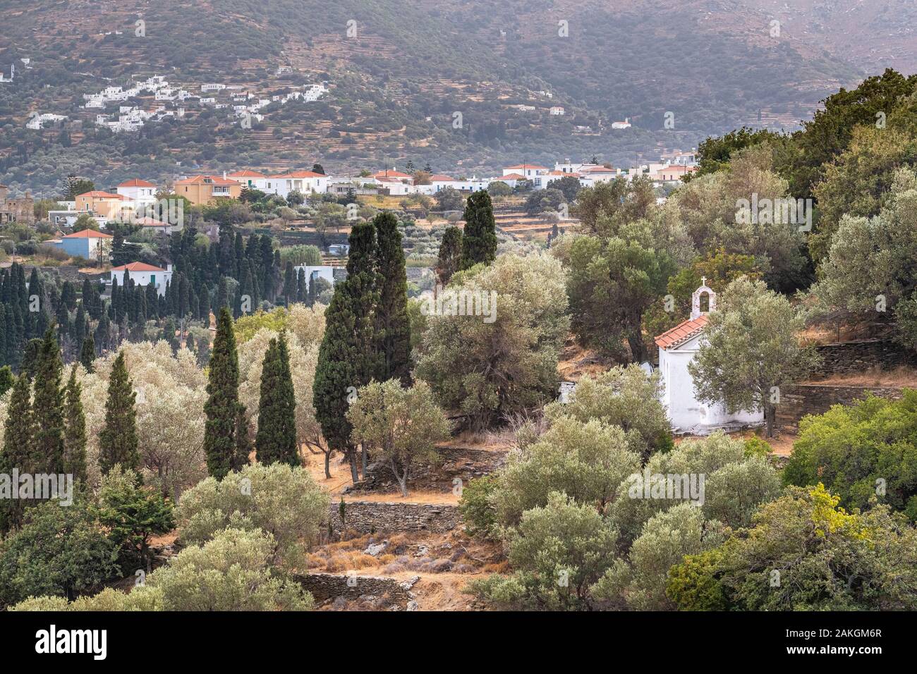 Greece, Cyclades archipelago, Andros island, view over Messaria from ...