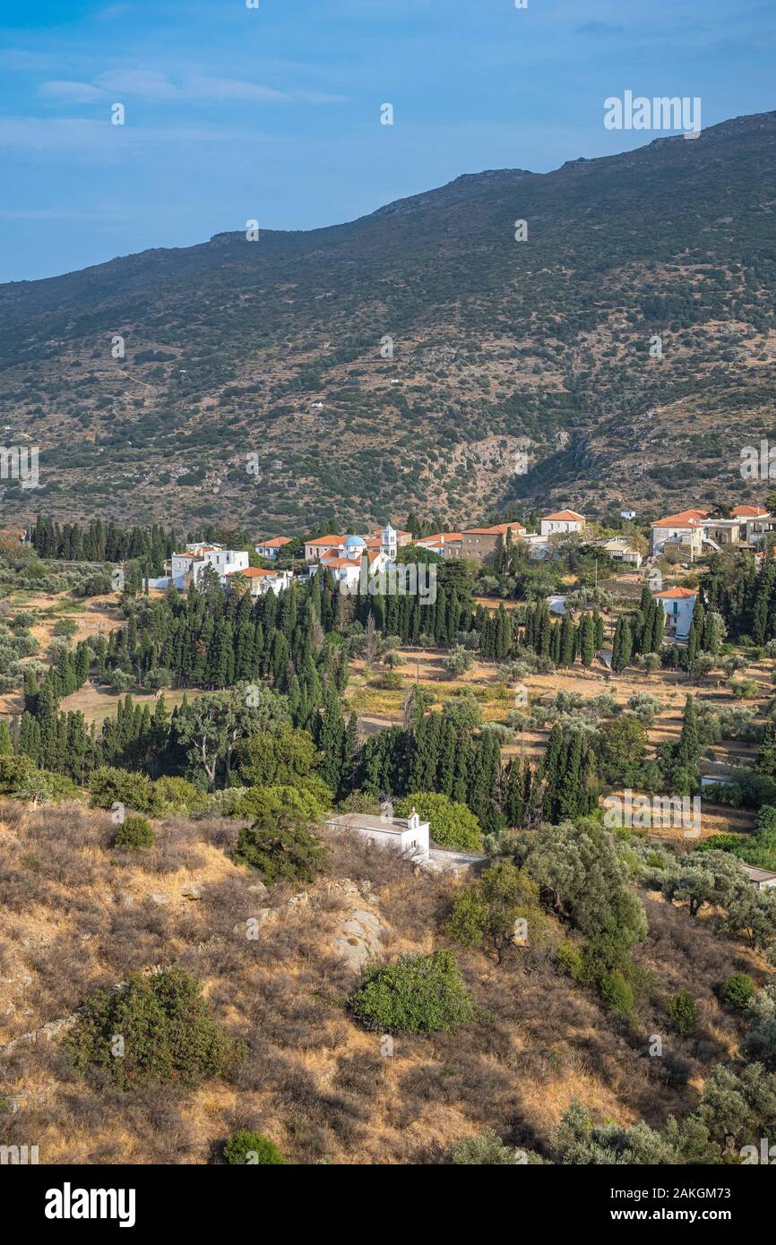 Greece, Cyclades archipelago, Andros island, view over Messaria from ...