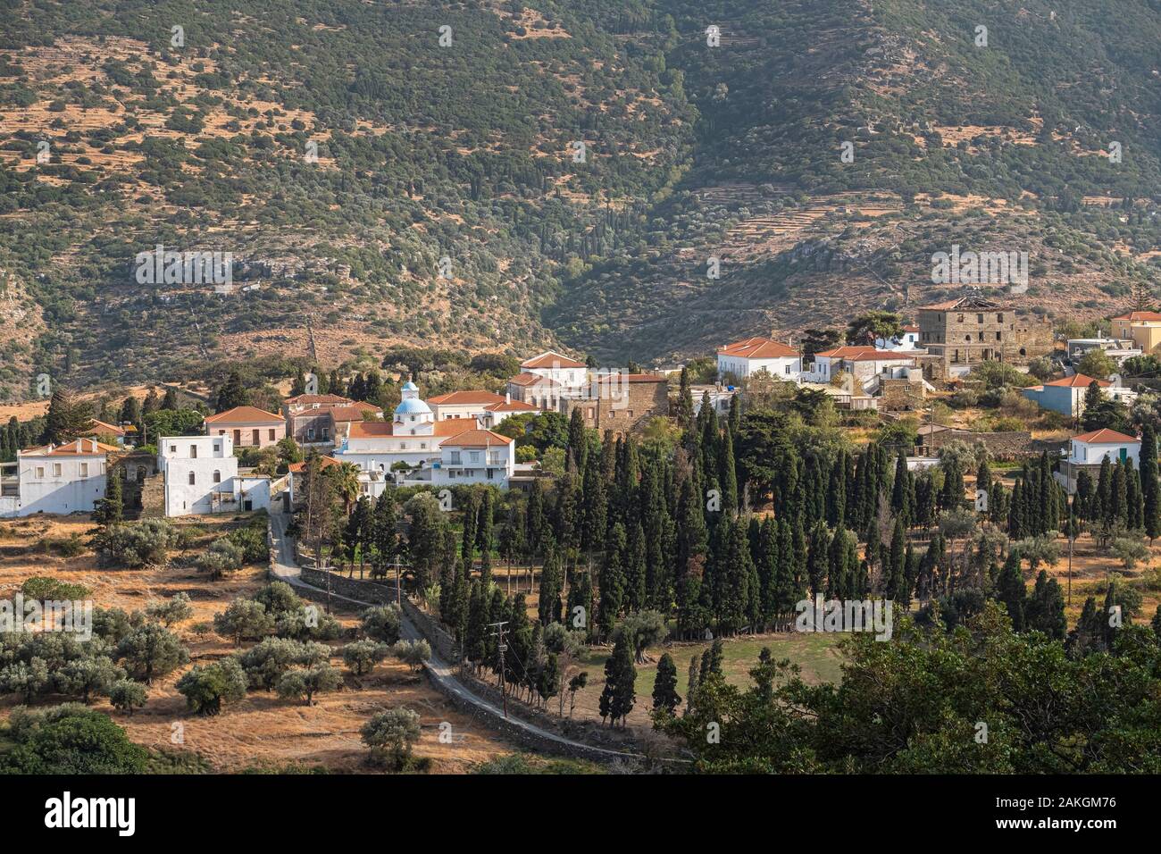 Greece, Cyclades archipelago, Andros island, view over Messaria from ...