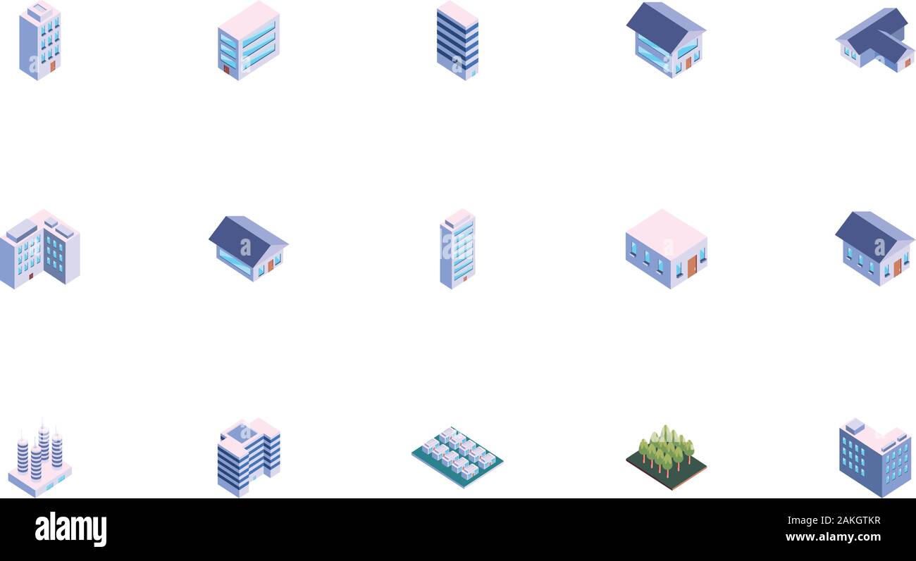 Isometric white buildings set design, City architecture urban modern ...