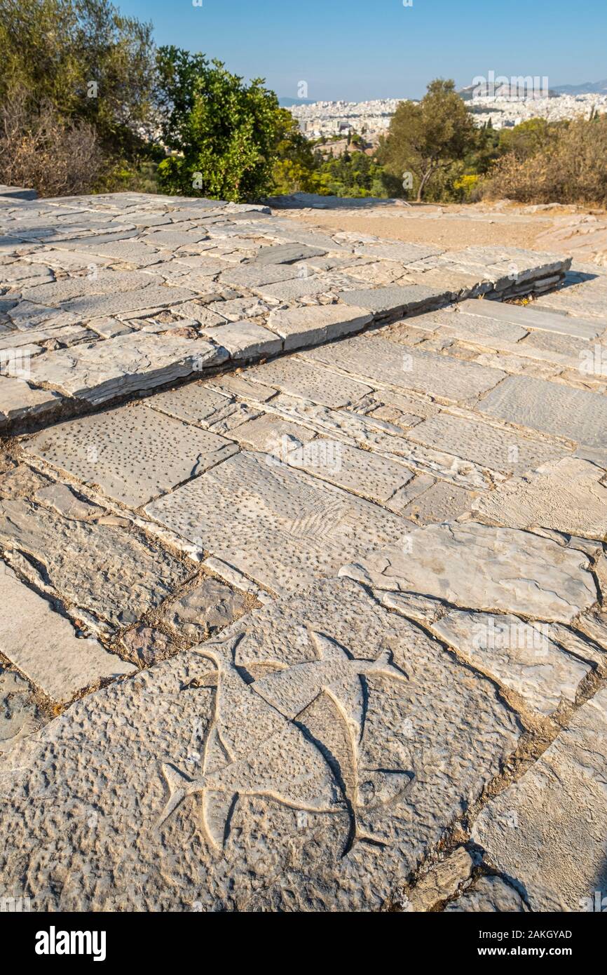 Greece, Athens, paved path leading to the Hill of the Muses or ...