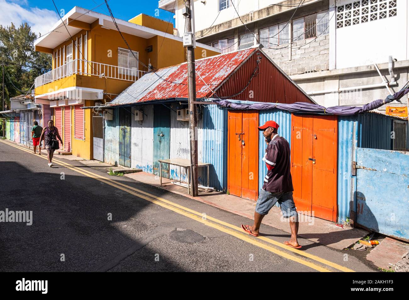 Mauritius, Rodrigues island, Port-Mathurin, street with colorful ...