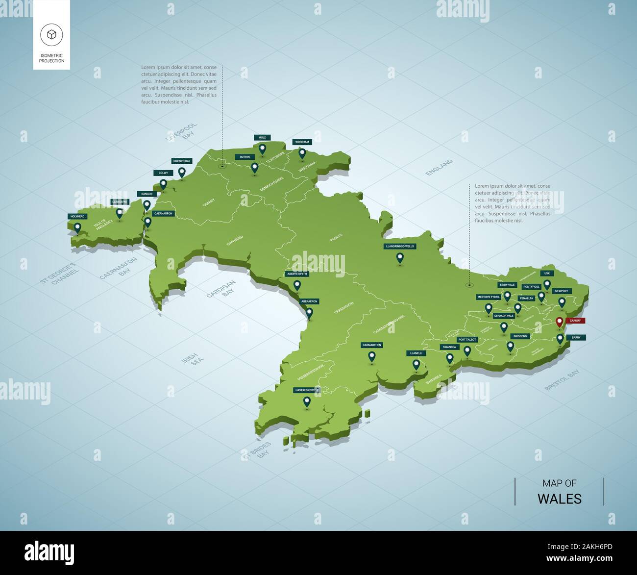 Stylized map of Wales. Isometric 3D green map with cities, borders ...