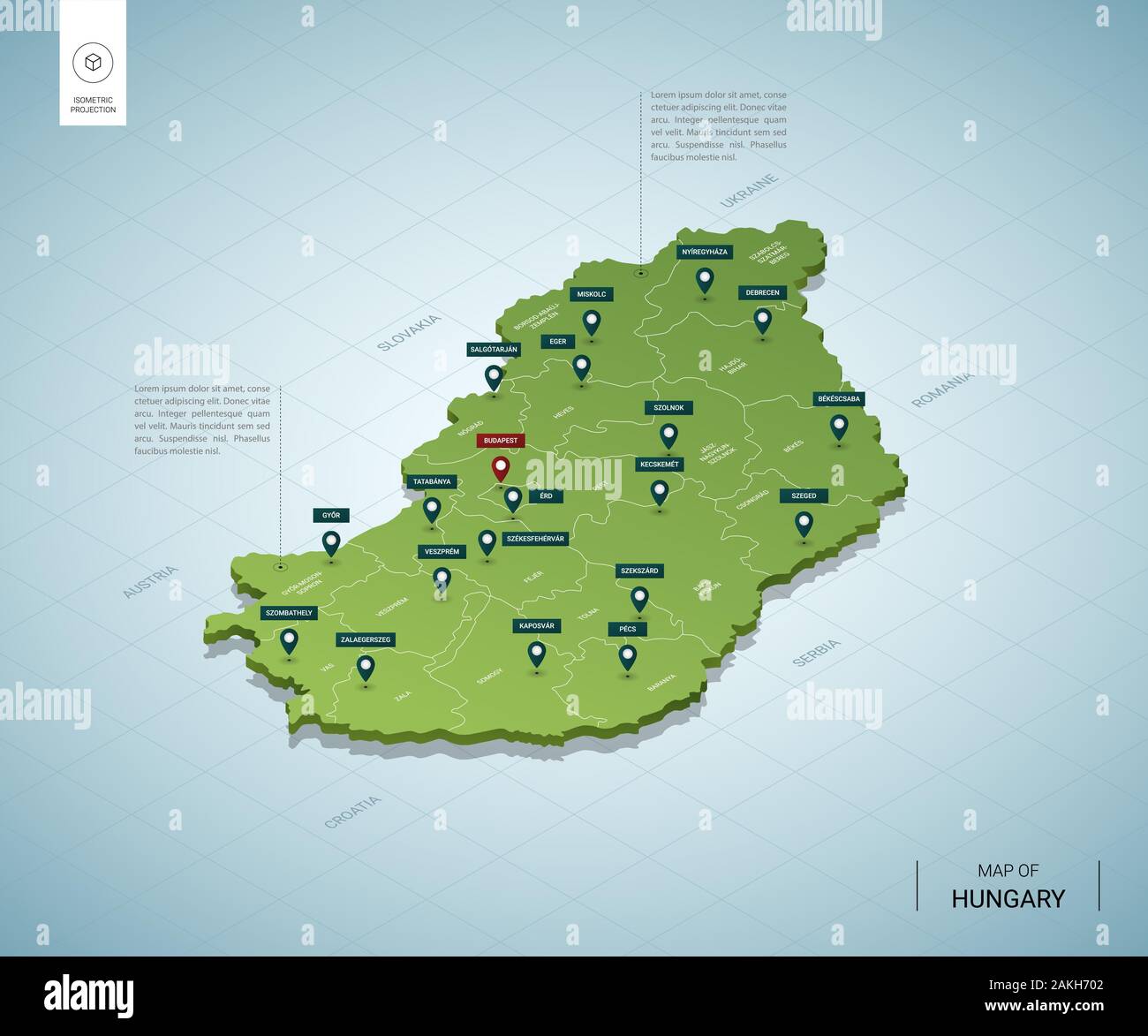 Stylized map of Hungary. Isometric 3D green map with cities, borders ...