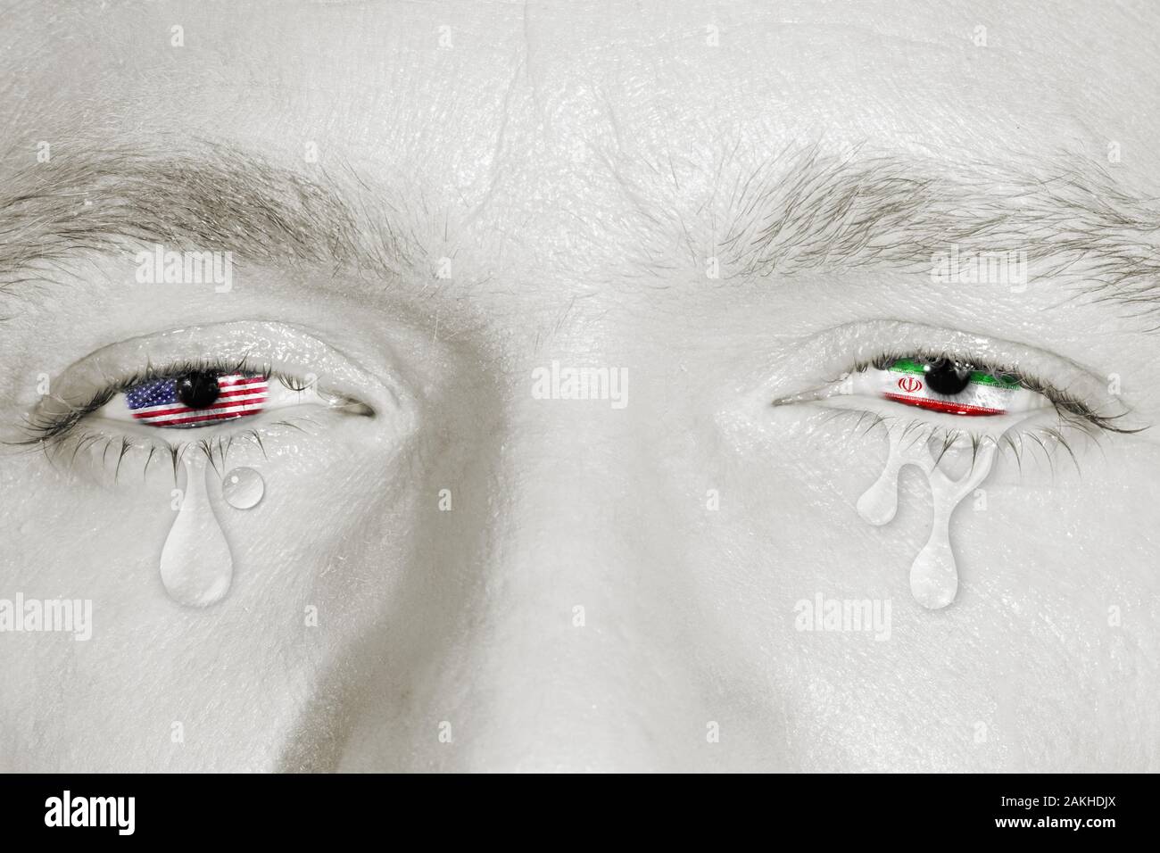 Crying eyes with the American flag and Iranian flag in irises on black ...