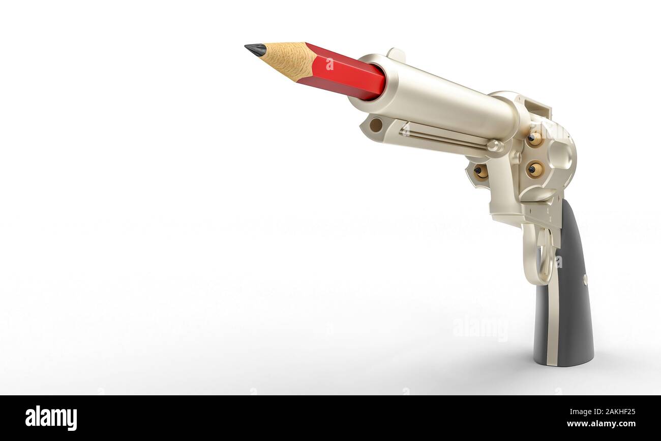 gun with red pencil in the barrel, concept of creativity and quantity ...