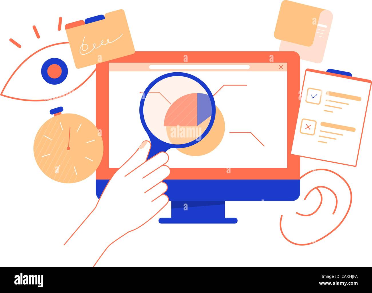 Monitor with chart, hand with magnifying glass Stock Vector Image & Art ...