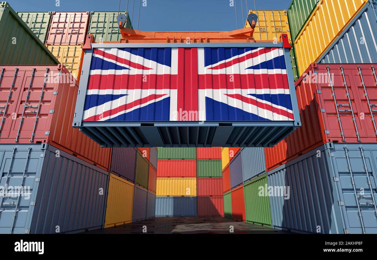 Container Terminal - Shipping Container with United Kingdom flag. 3D ...