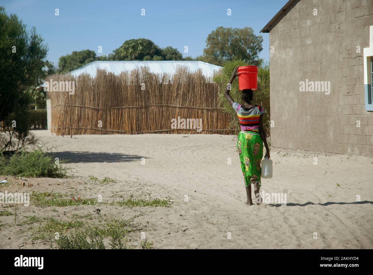 Women carrying red bucket of water, Mwandi, Zambia, Africa Stock Photo ...