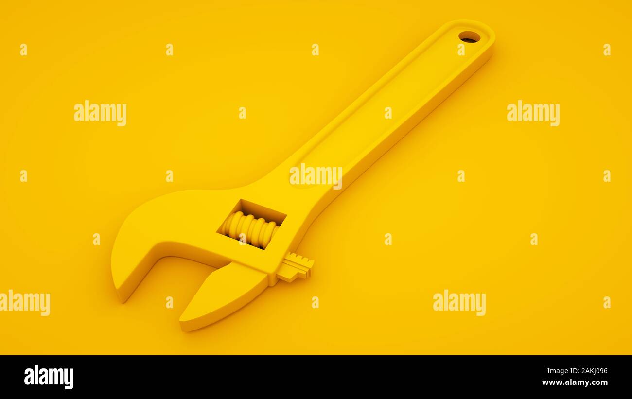 Adjustable wrench on yellow background. Minimal idea concept, 3d ...