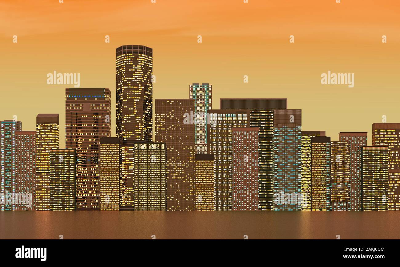 panorama of colored skyscrapers at night. 3d rendering Stock Photo - Alamy