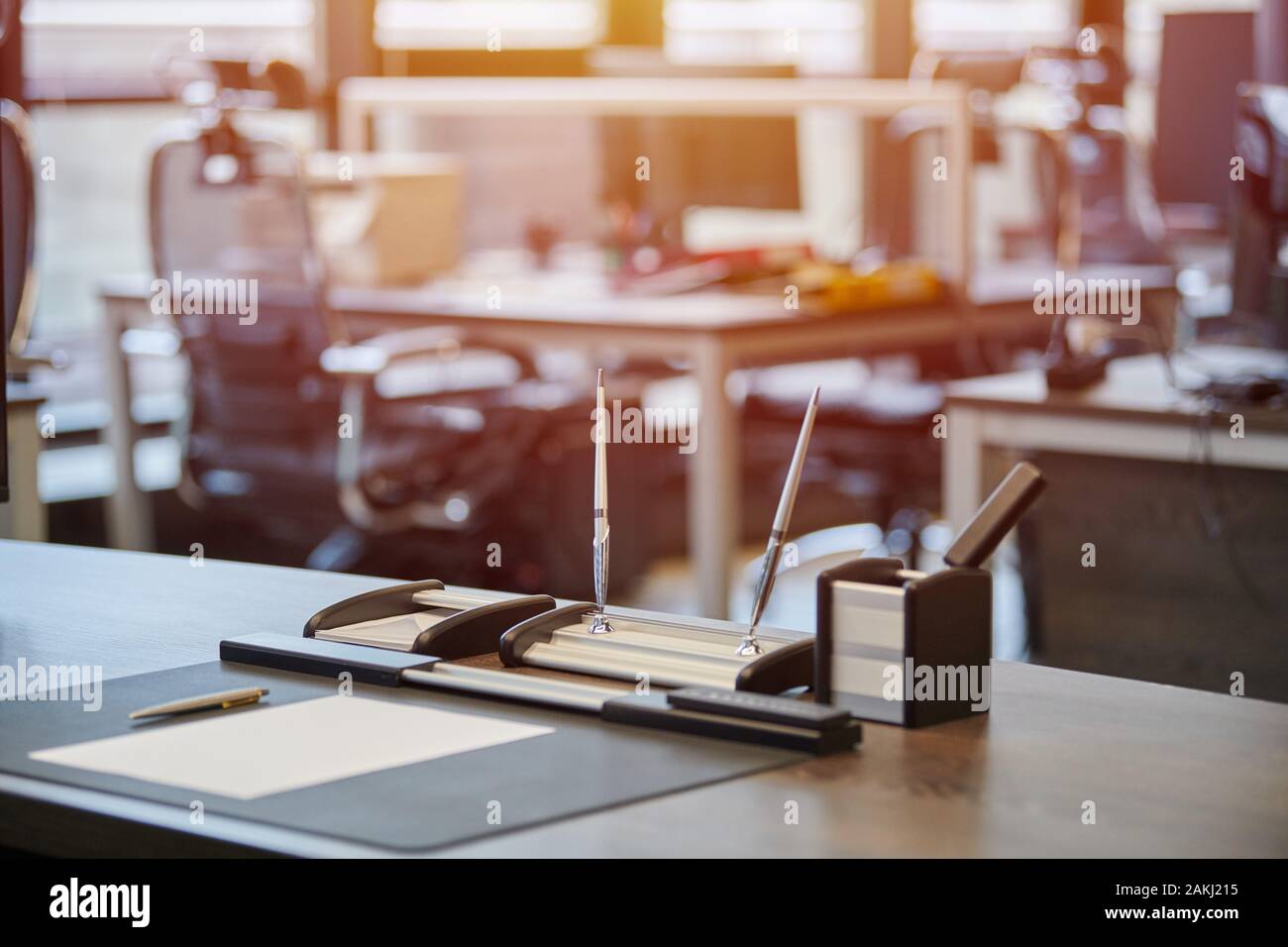 Office workplace with stationery. Boss, chief, supervisor or head of ...