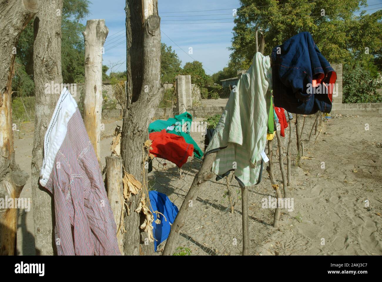 Washing hanging out to dry, washing, Mwandi, Zambia, Africa Stock Photo ...