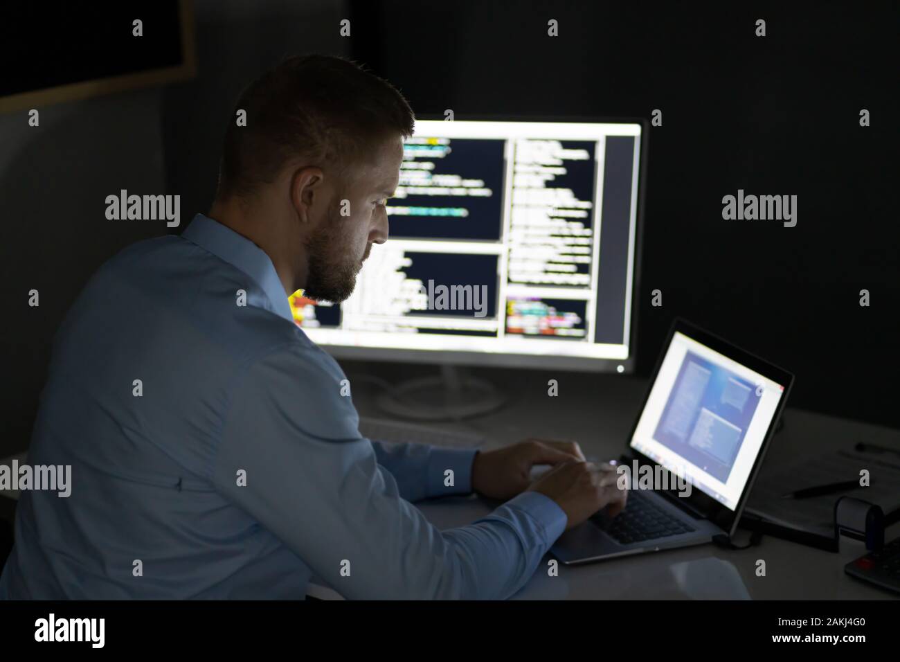 Programmer Working Late At Night On Multiple Computer Screens Stock ...