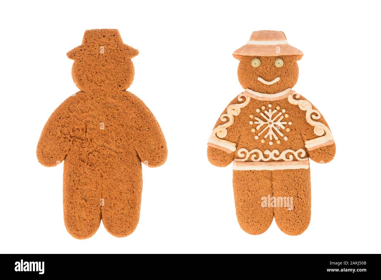 Homemade holiday bakery. Gingerbread man. Figure of smiling man in hat ...