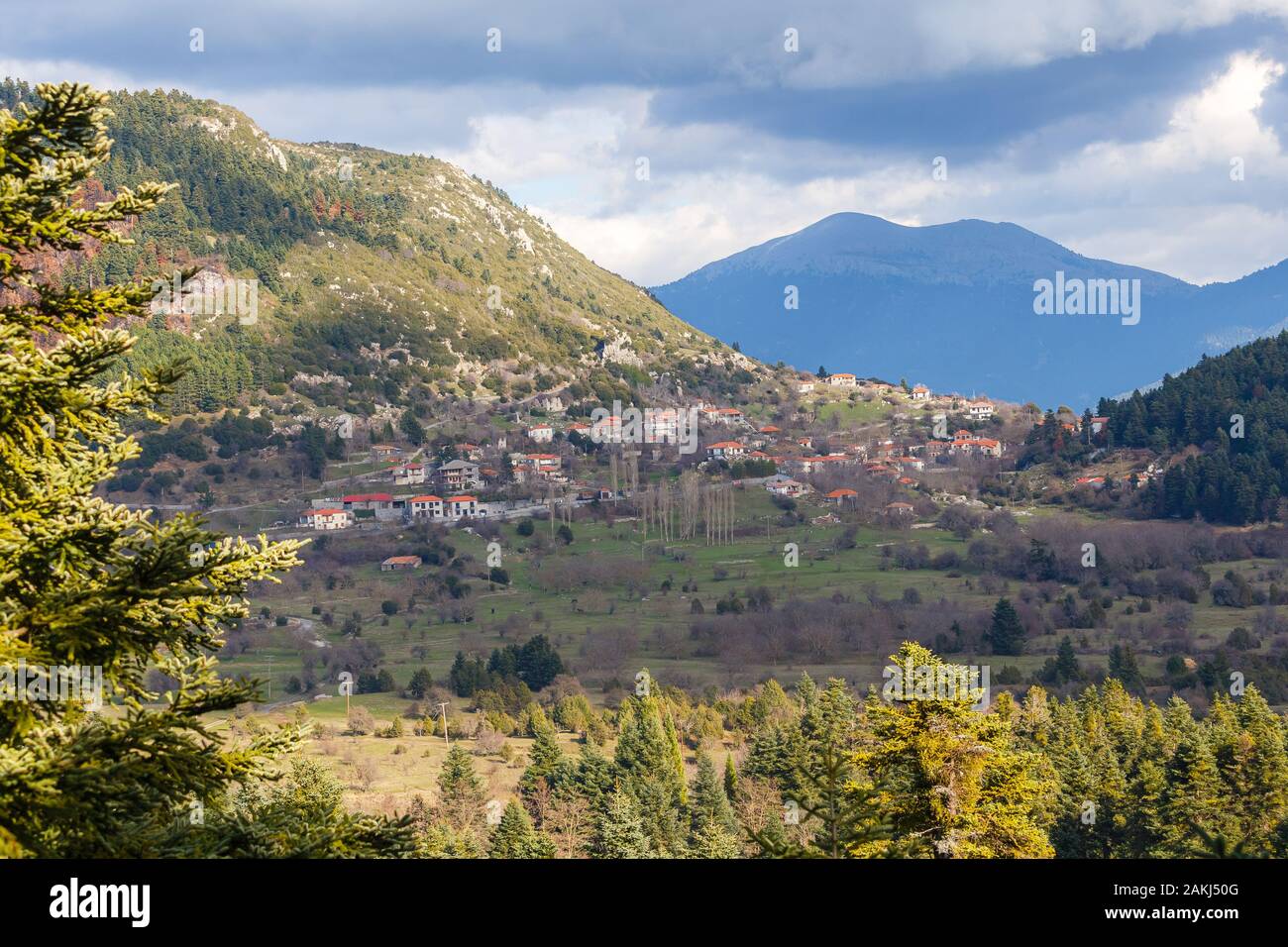 Landscape view of Chrisovitsi village in Arcadia, Greece, built at an ...