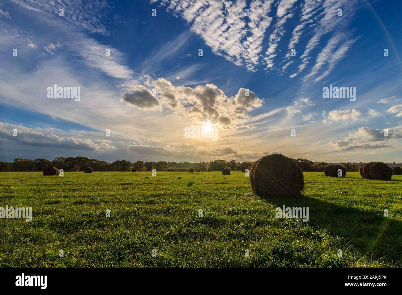 field with haystacks at sunset in early autumn evening Stock Photo - Alamy