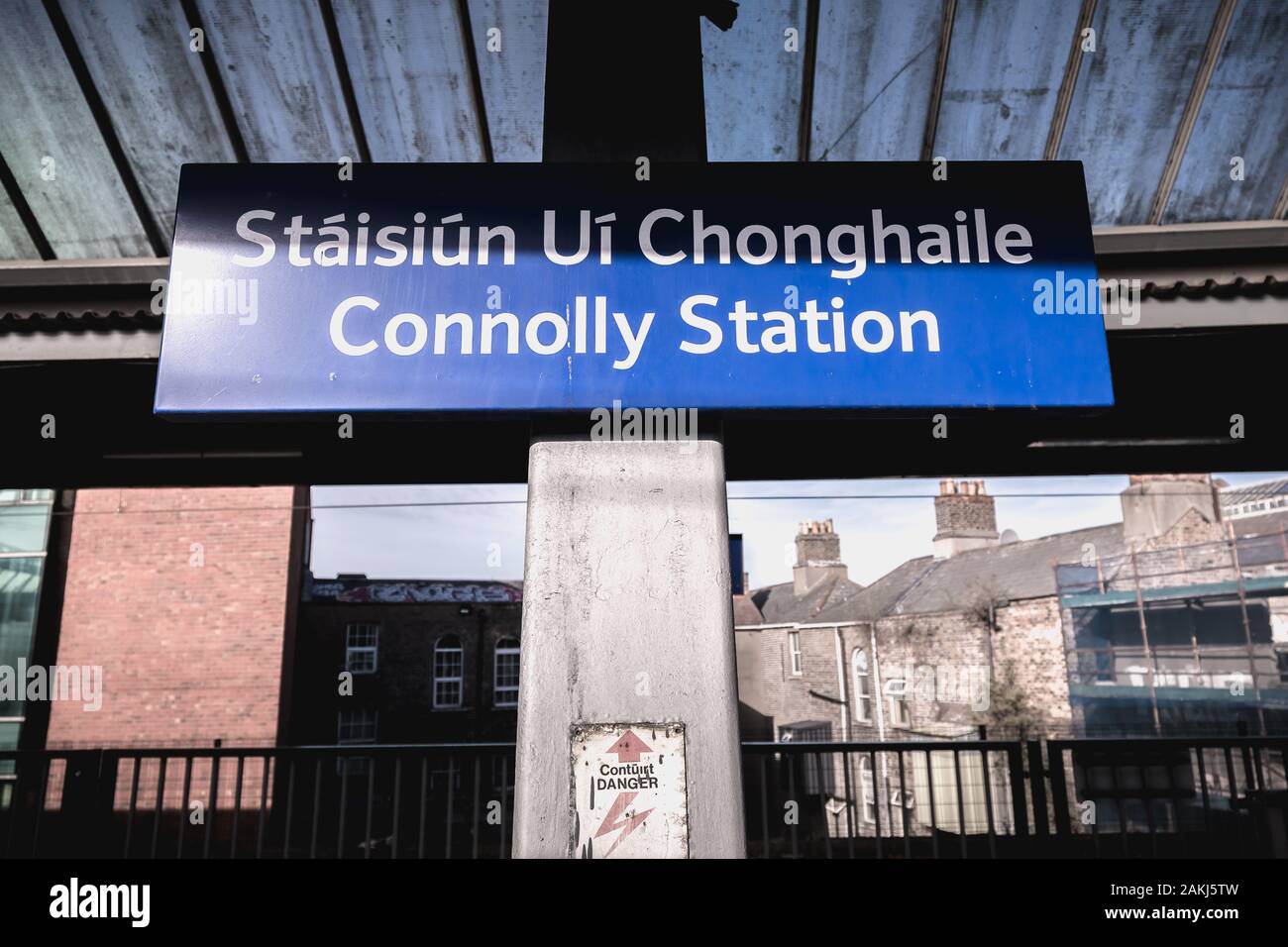 Dublin, Ireland - February 15, 2019: Blue platform sign announcing the ...
