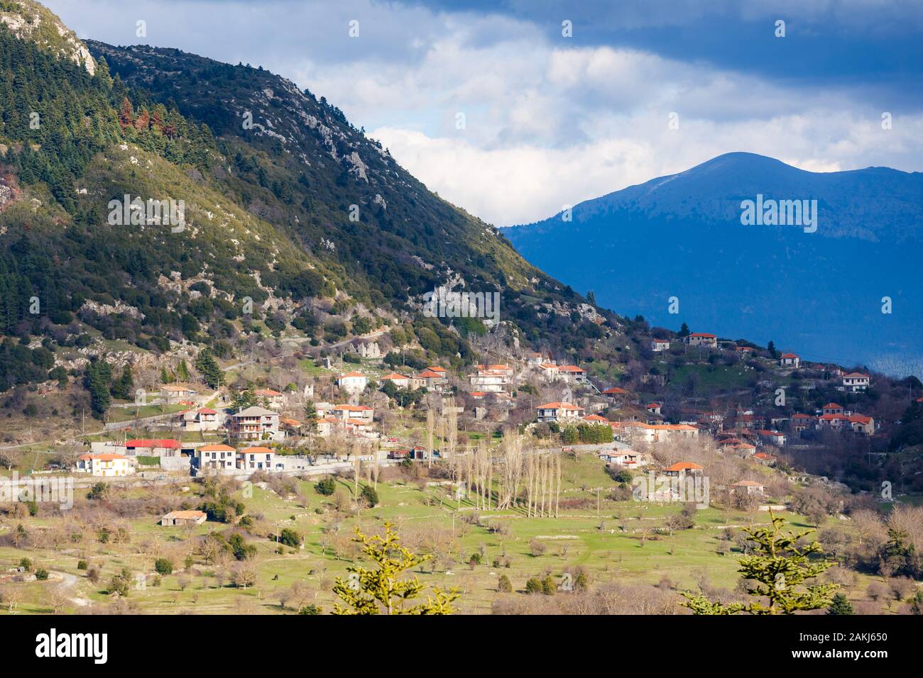 Landscape view of Chrisovitsi village in Arcadia, Greece, built at an ...