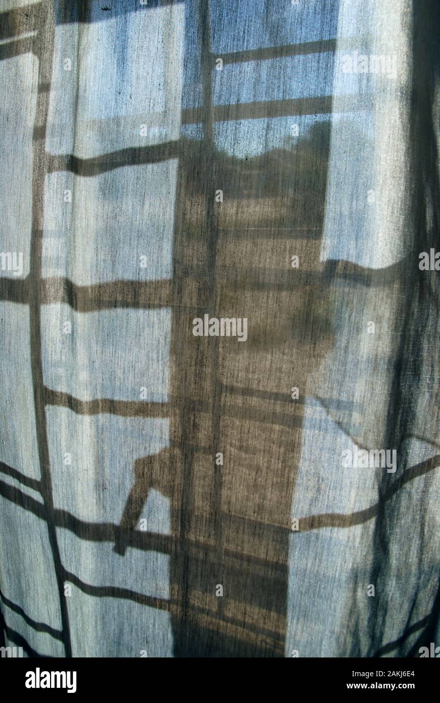 Old net curtains at a shuttered window in abandoned post office, Mwandi ...