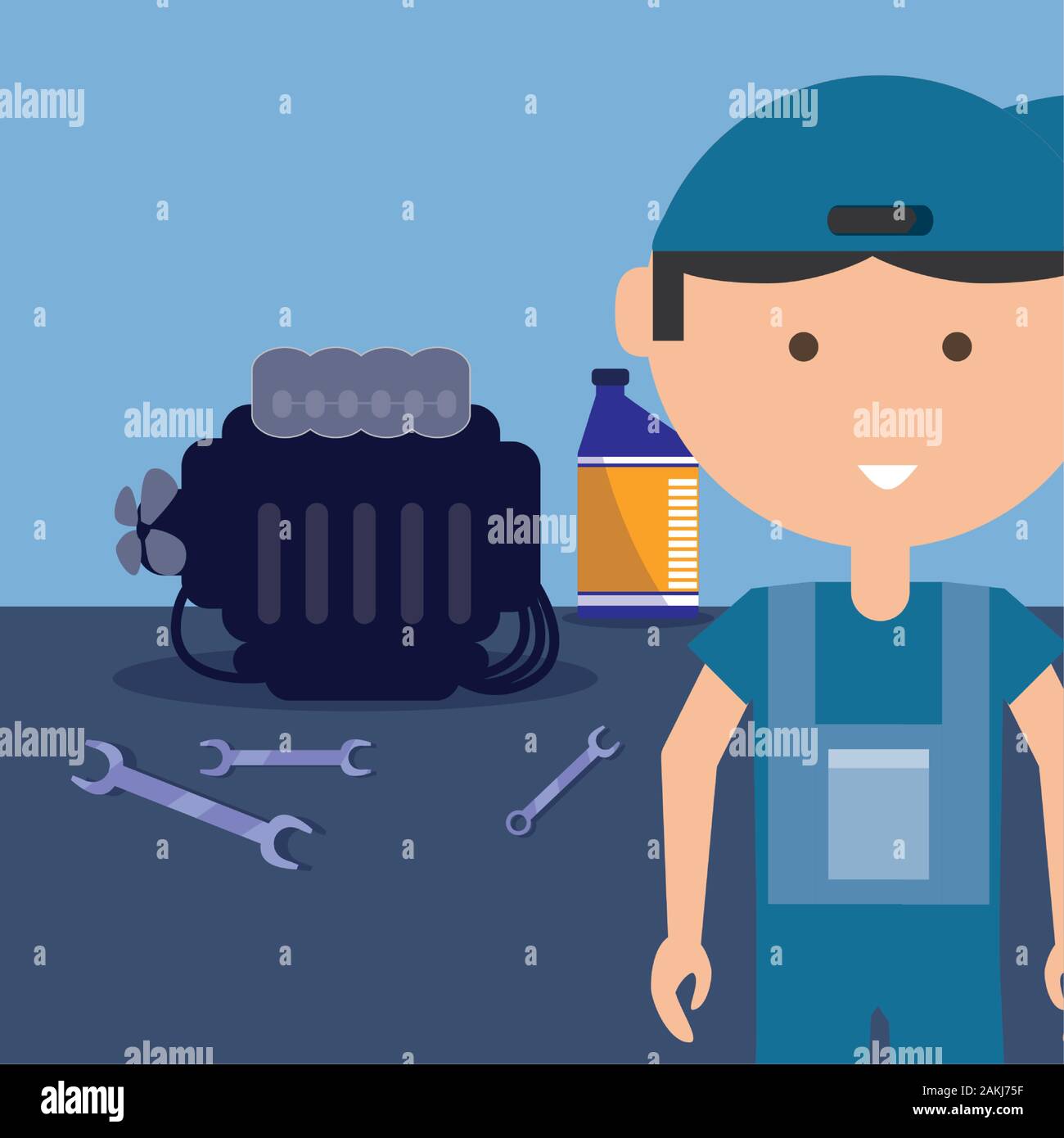 Repairman with overol in garage design, Repair service maintenance job ...