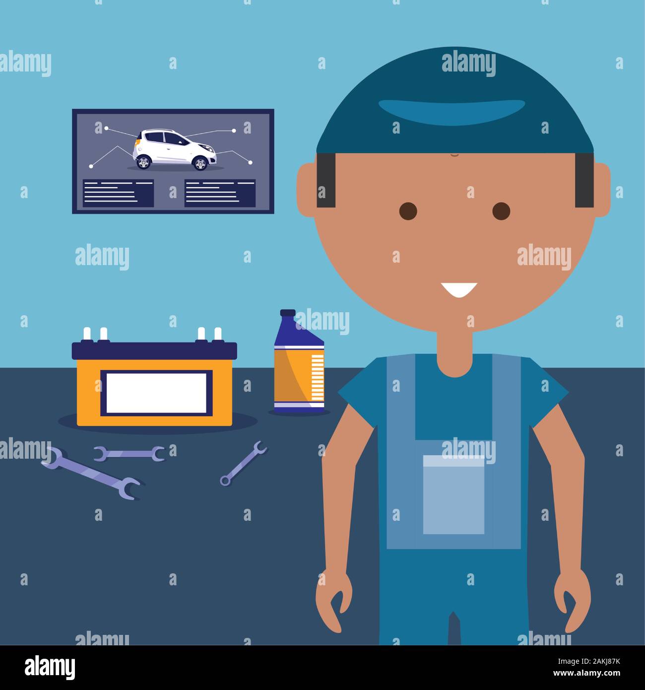 Repairman with overol in garage design, Repair service maintenance job ...