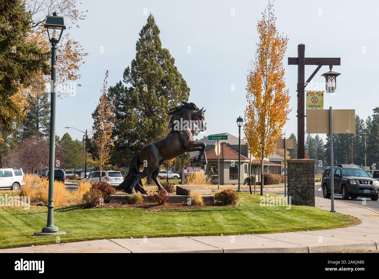 A bronze sculpture of a ramping horse on one of the main streets of ...