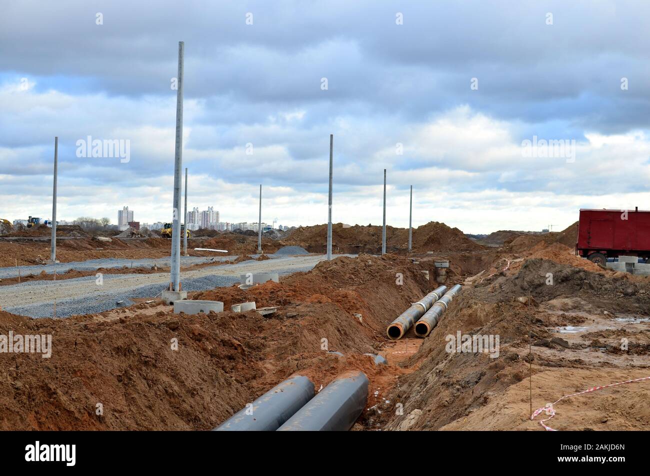 Laying underground storm sewers at a construction site. Groundwater ...