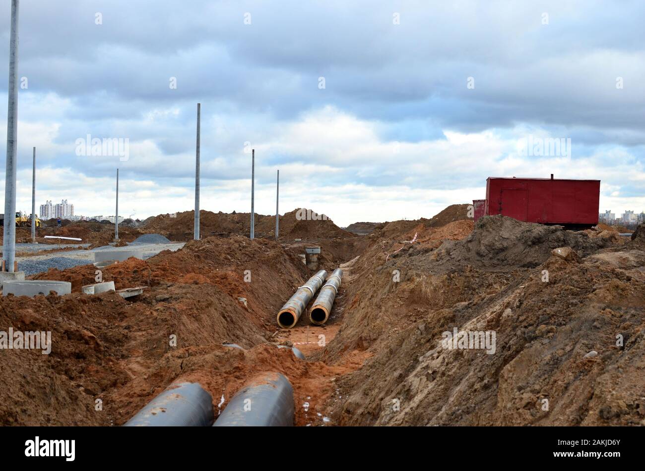 Laying underground storm sewers at a construction site. Groundwater ...