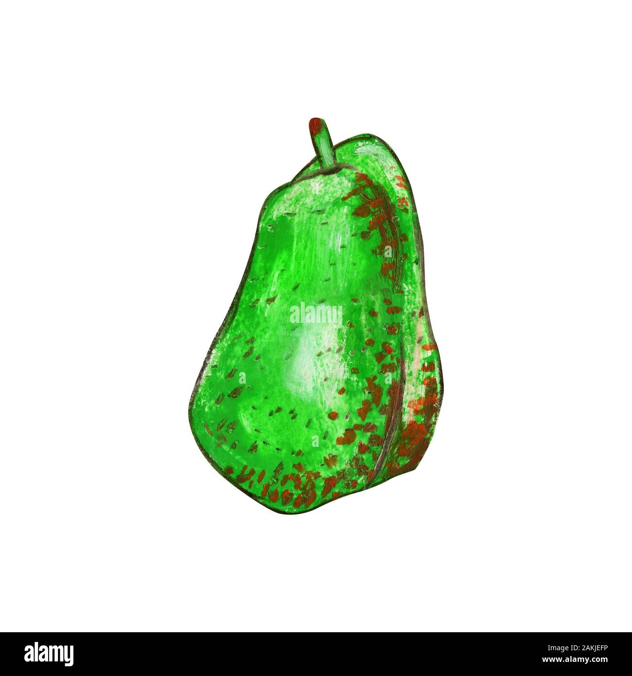 One pear isolated on a white background. Green fruit in brown spots ...