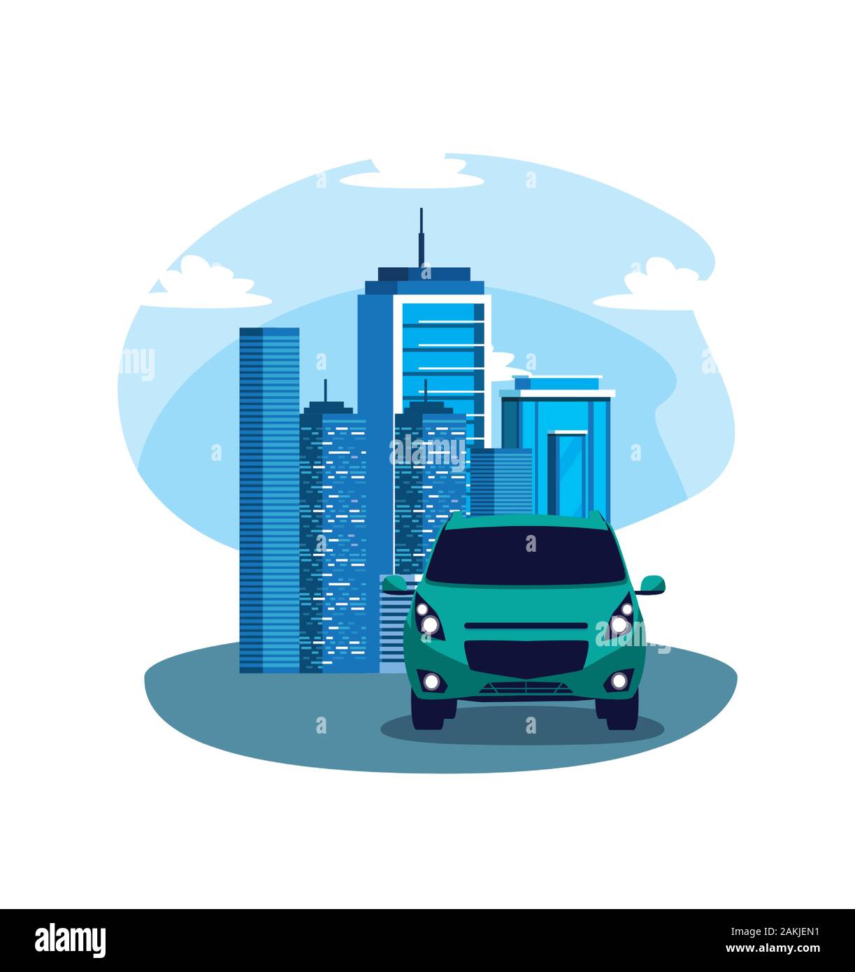 Car on the street in front of buildings design, Vehicle automobile auto ...