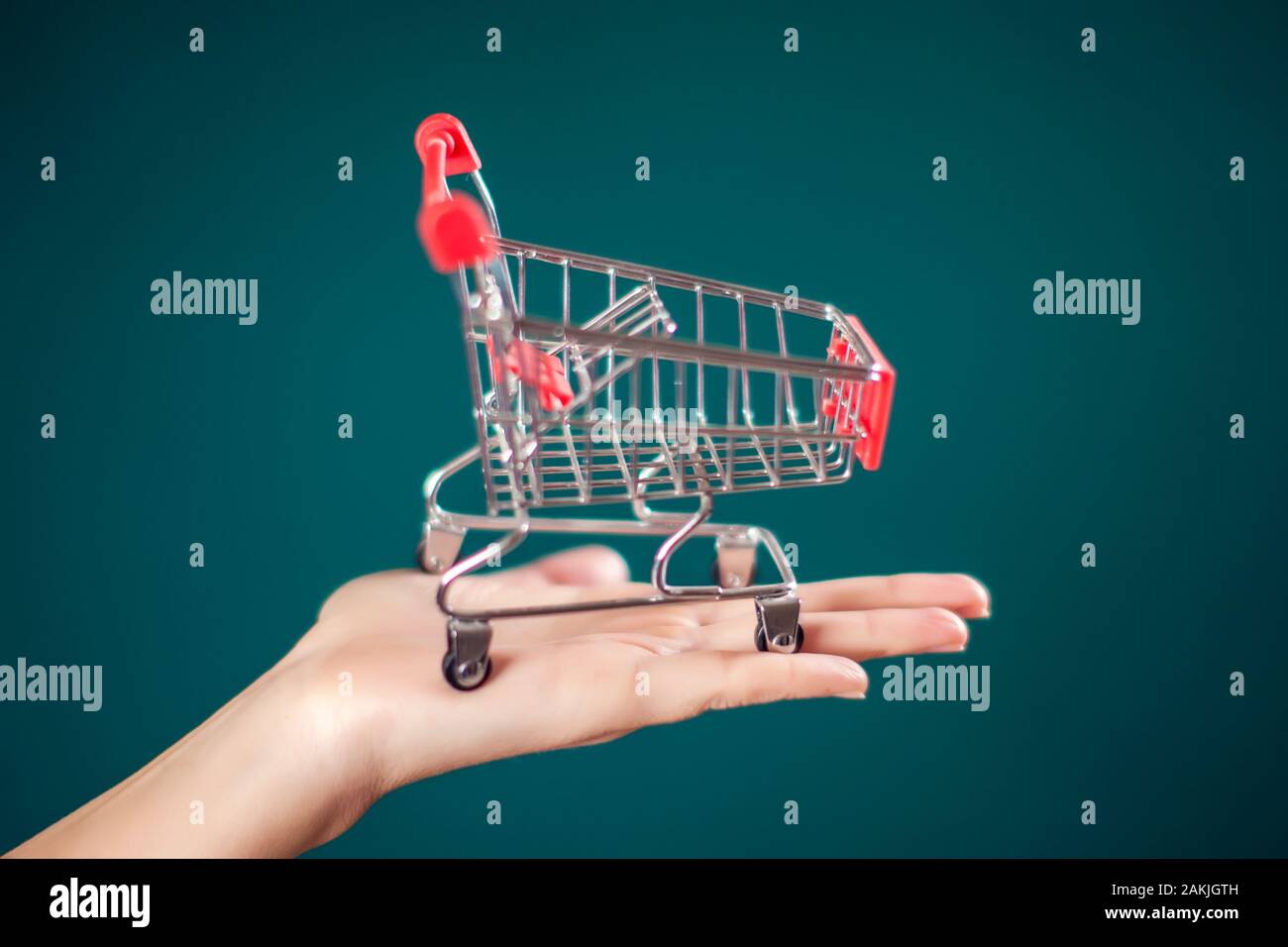 Woman's hand holding empty shopping trolley in hand. Commercial concept ...