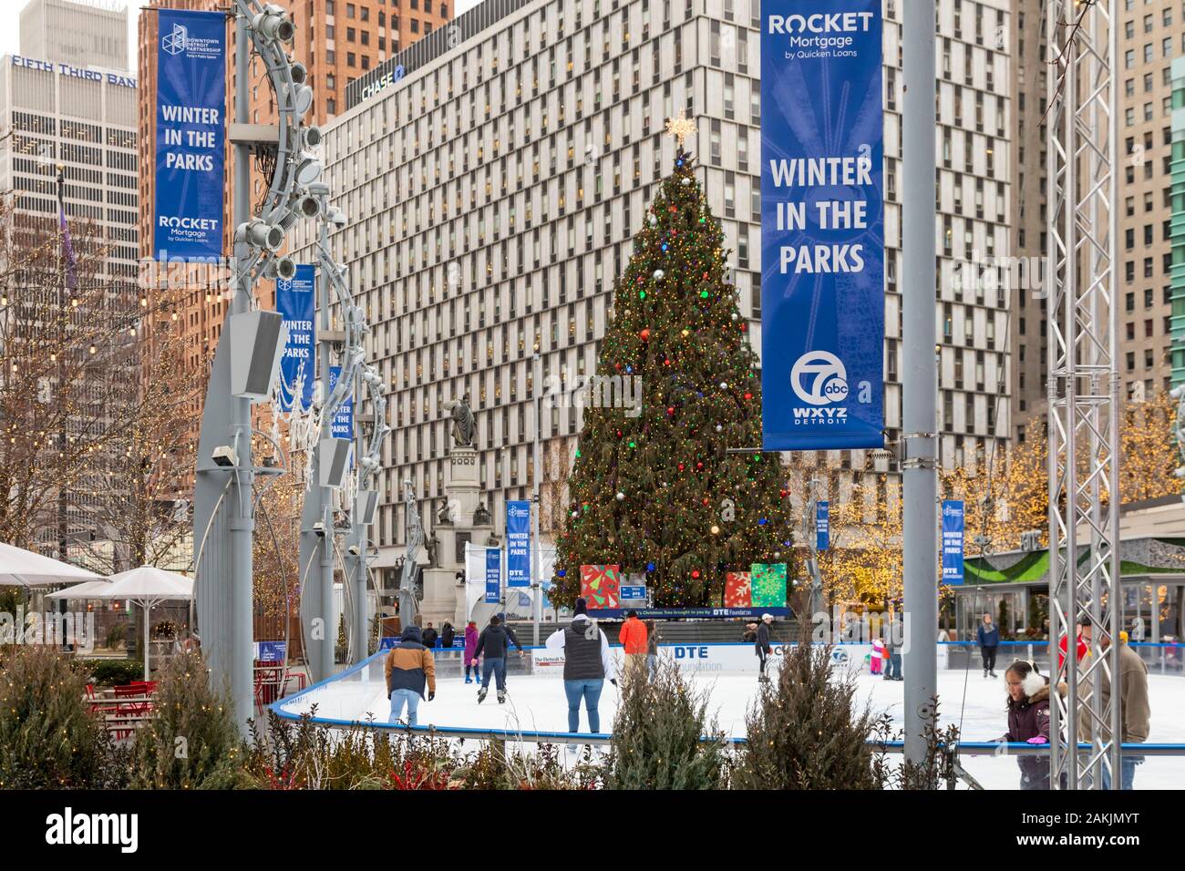 Detroit, Michigan - Skaters on the ice rink in Campus Martius Park ...