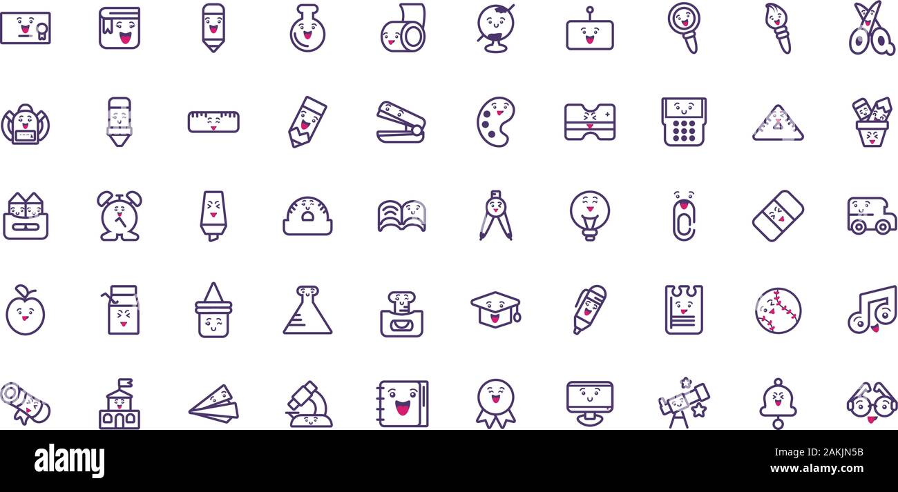 Icon set cartoons design, Kawaii school expression cute character funny ...