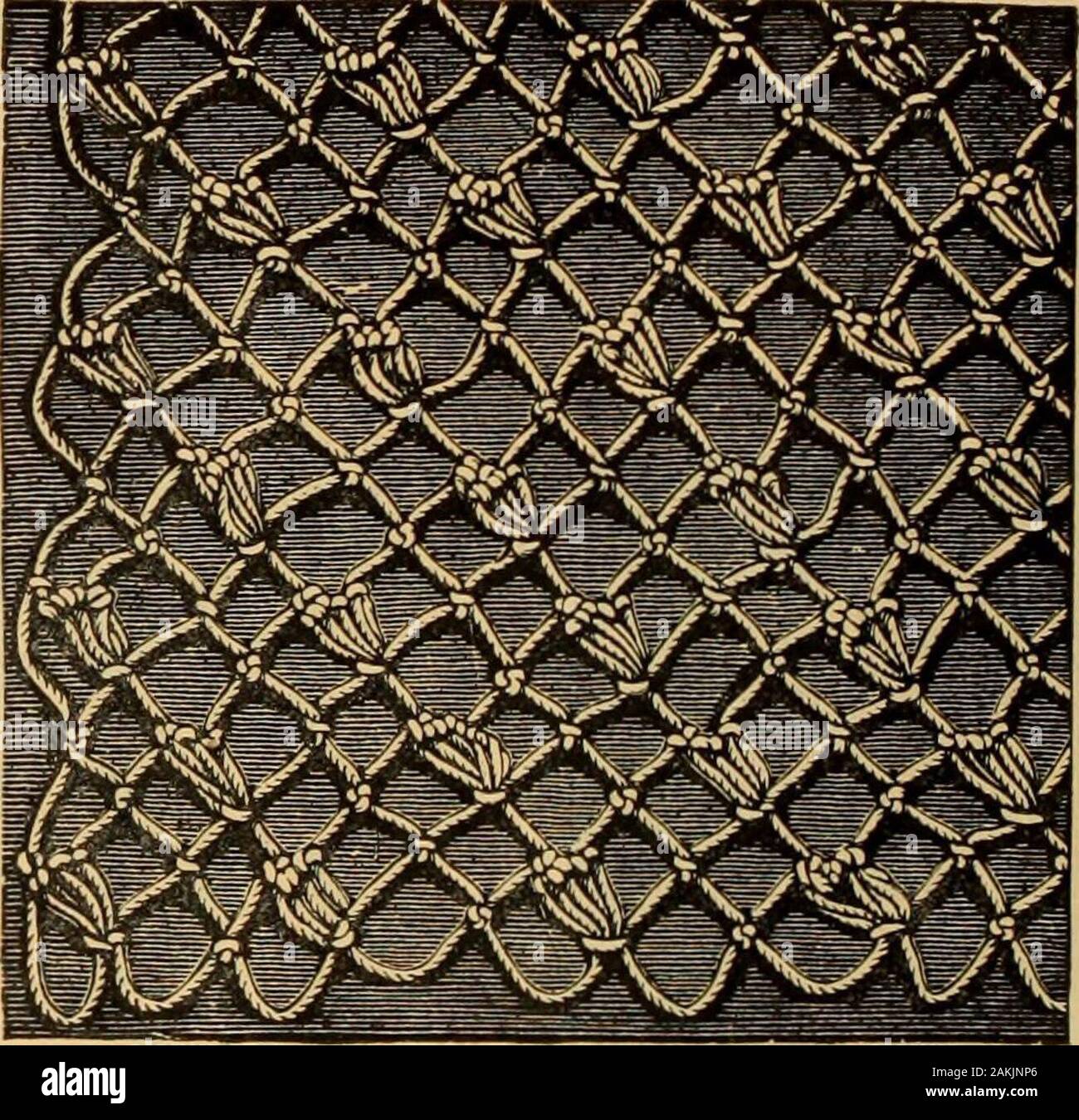 Tatting and netting . in rows. Third row.—Net 3 stitches in the ...