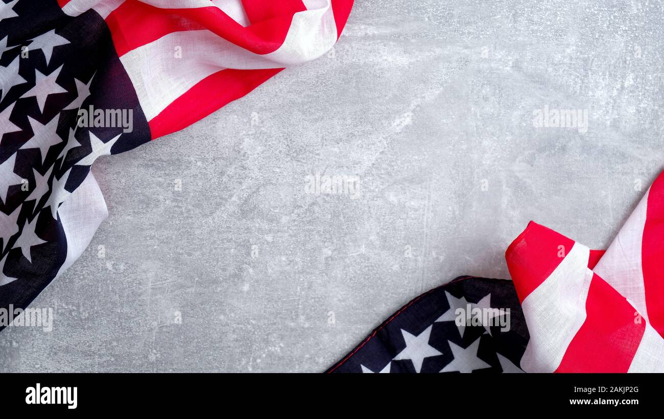 Frame of US American flags on concrete stone background. Banner ...